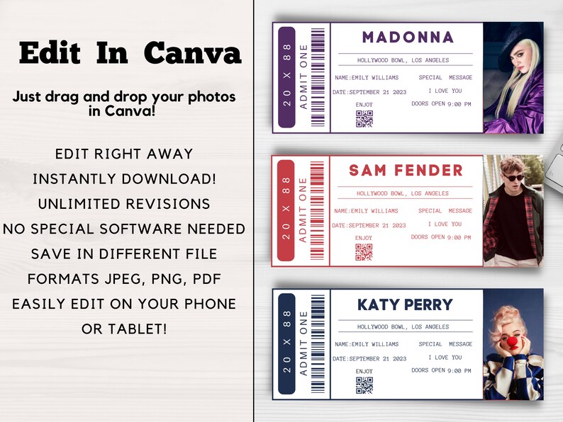 Editable Concert Ticket Template Bundle, Printable Music Event Ticket ...