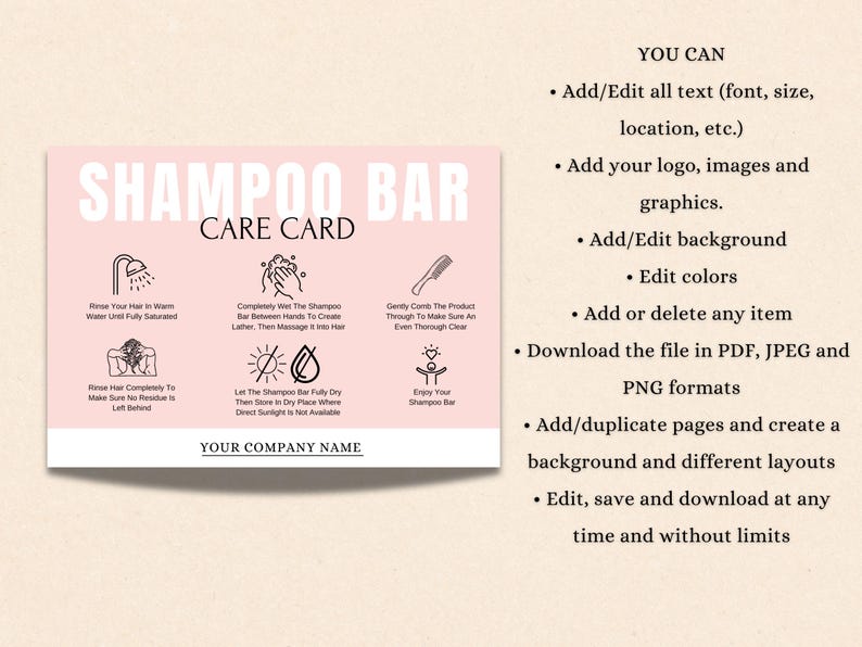 Editable Shampoo Bar Care Card Template |printable Care Instructions ...