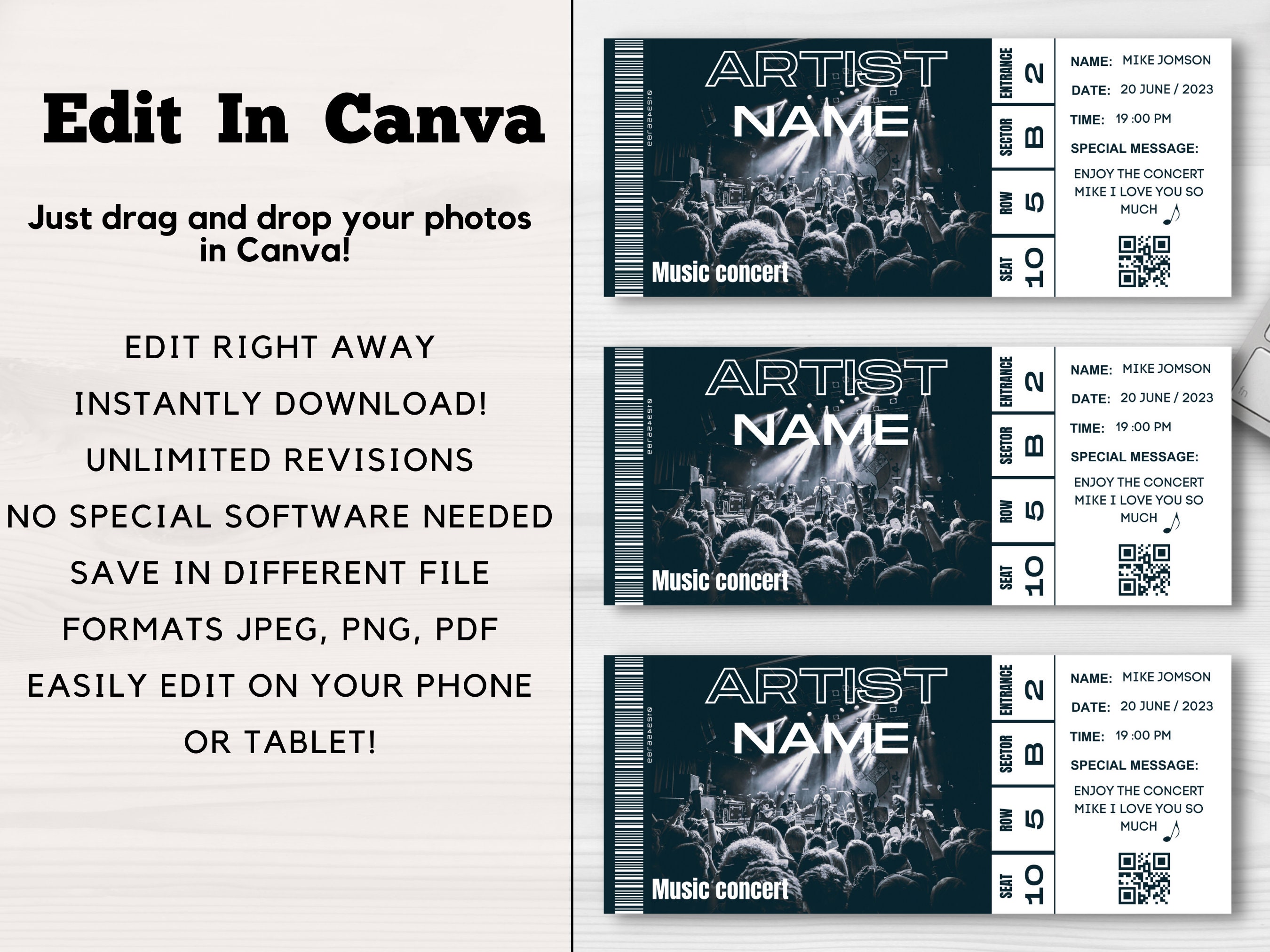 Editable Concert Ticket Template, Printable Music Event Ticket, Custom ...