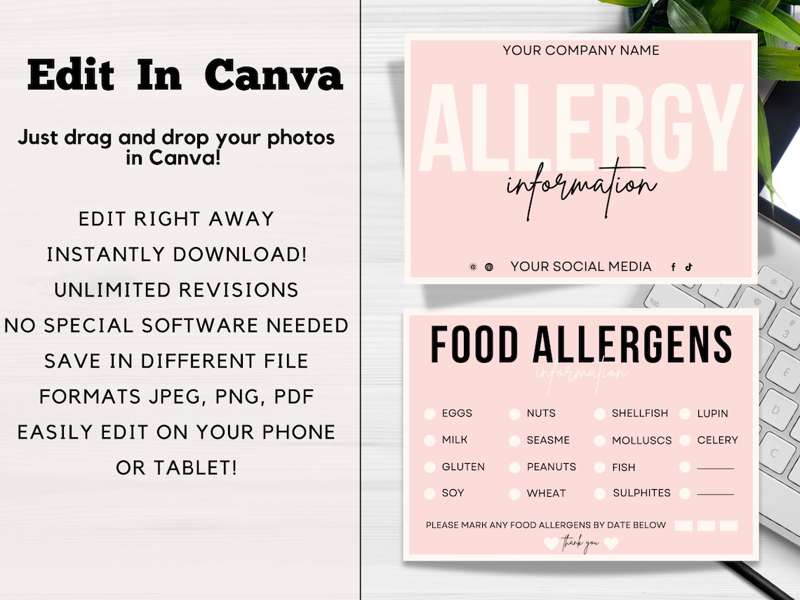 Editable Food Allergens Card Template| Customizable Printable Allergen ...