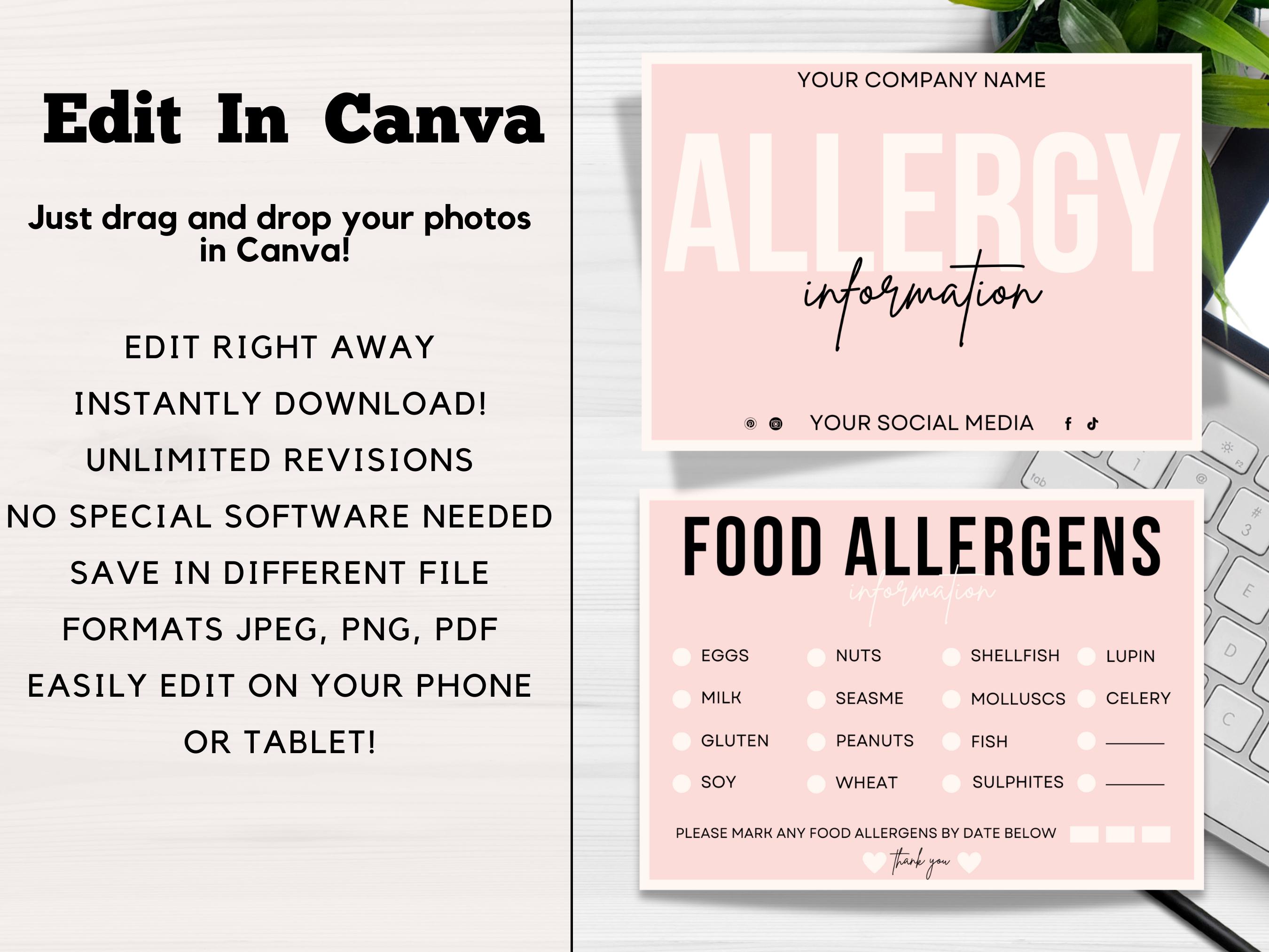 Editable Food Allergens Card Template| Customizable Printable Allergen ...