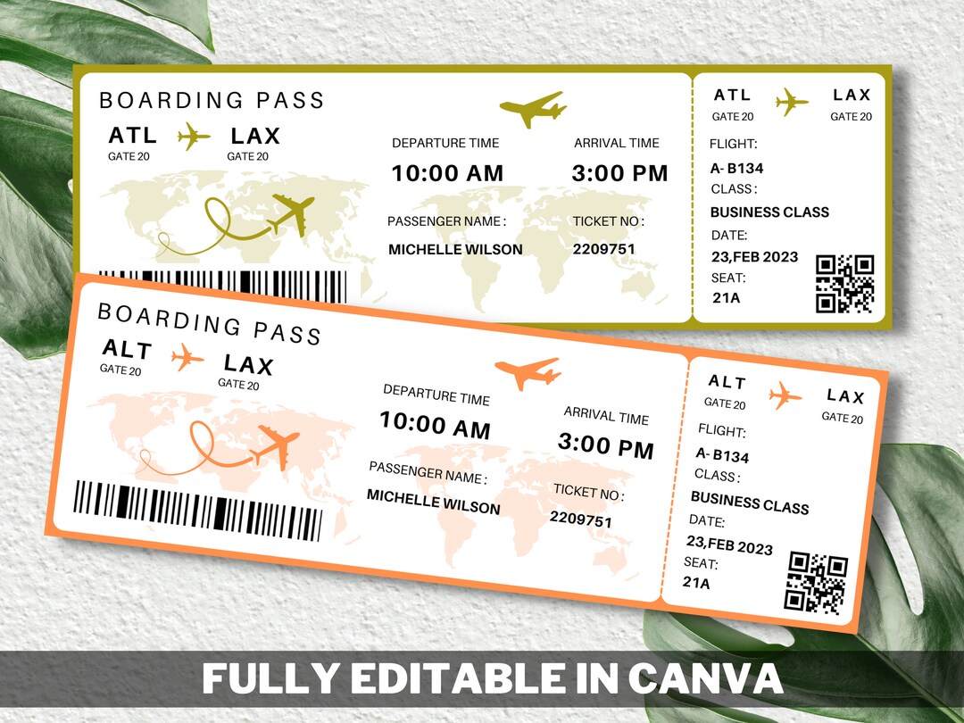 Editable Boarding Pass Template, Printable Airline Ticket, Canva ...