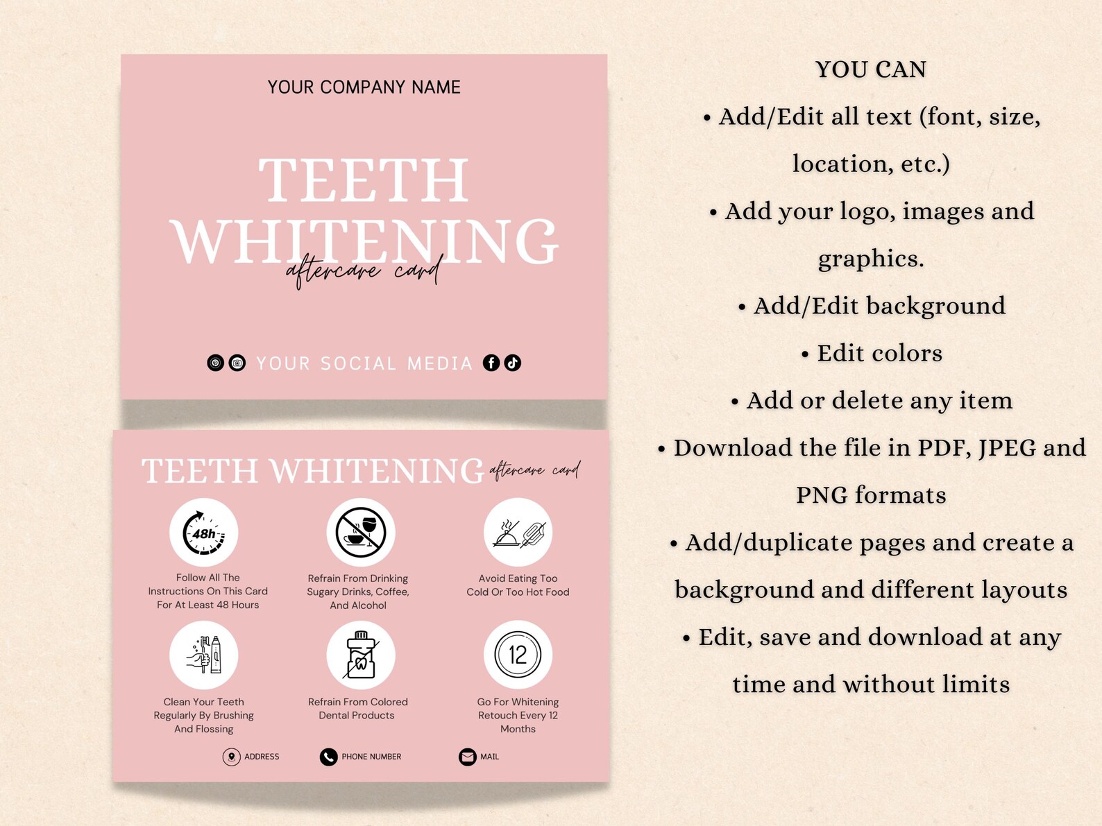 Editable Teeth Whitening Aftercare Card Template | Customizable Post ...