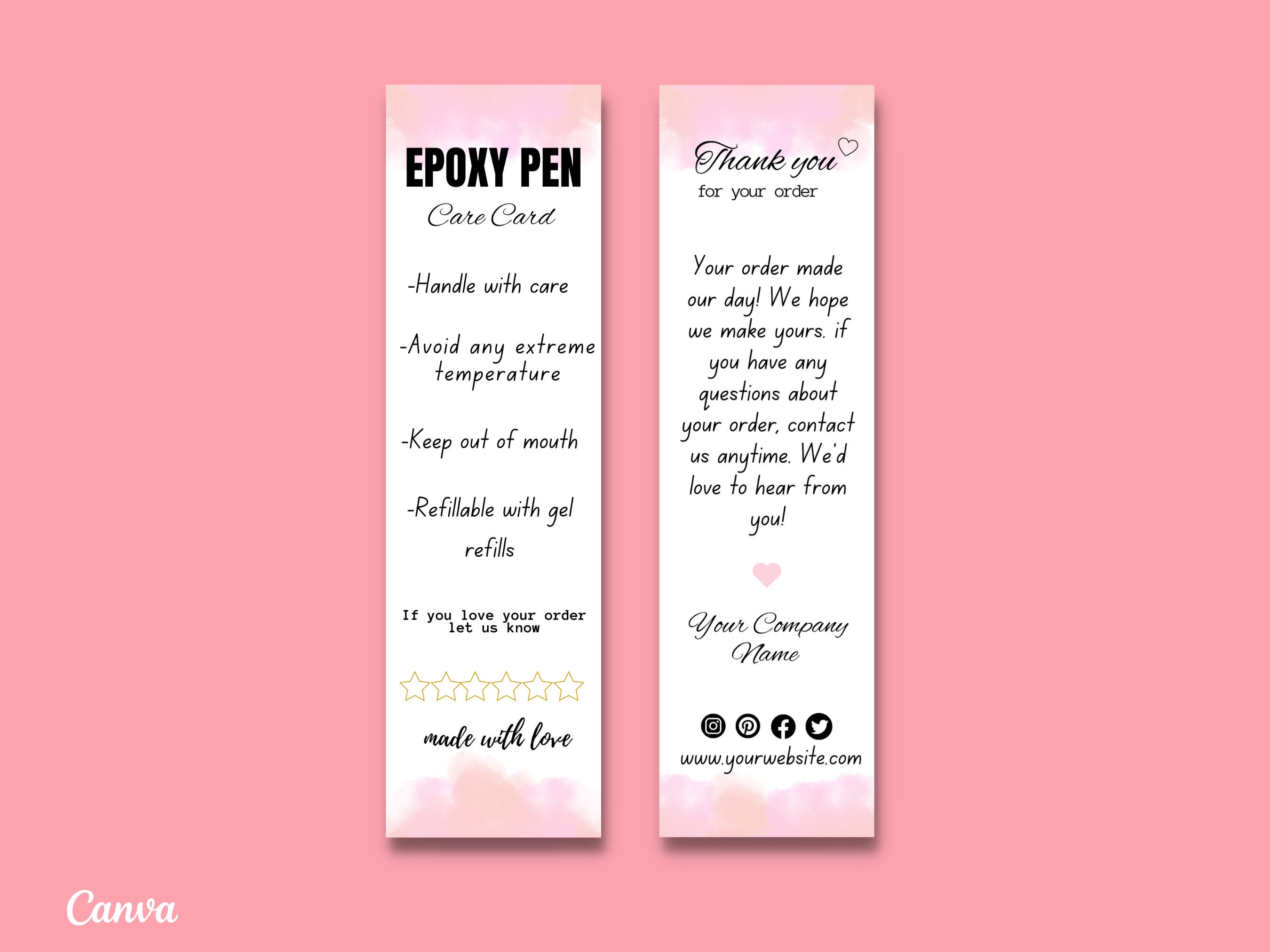 Editable Pen Care Card Template, Epoxy Pen Care Card, Printable and ...
