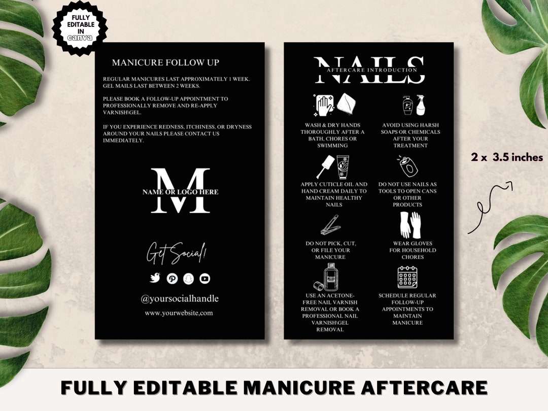 Editable Nail Care Card Template, Printable Manicure Instructions ...