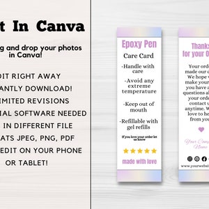 Editable Pen Care Card Template, Epoxy Pen Care Card, Printable and ...