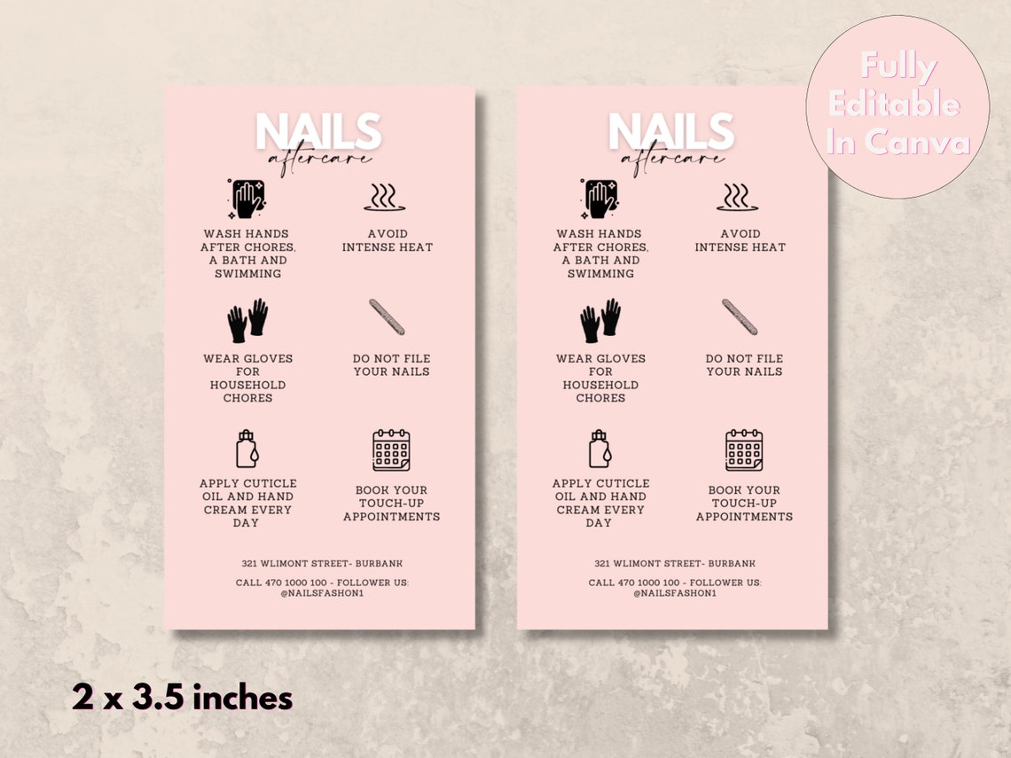 Editable Nail Care Card Template, Printable Manicure Instructions ...