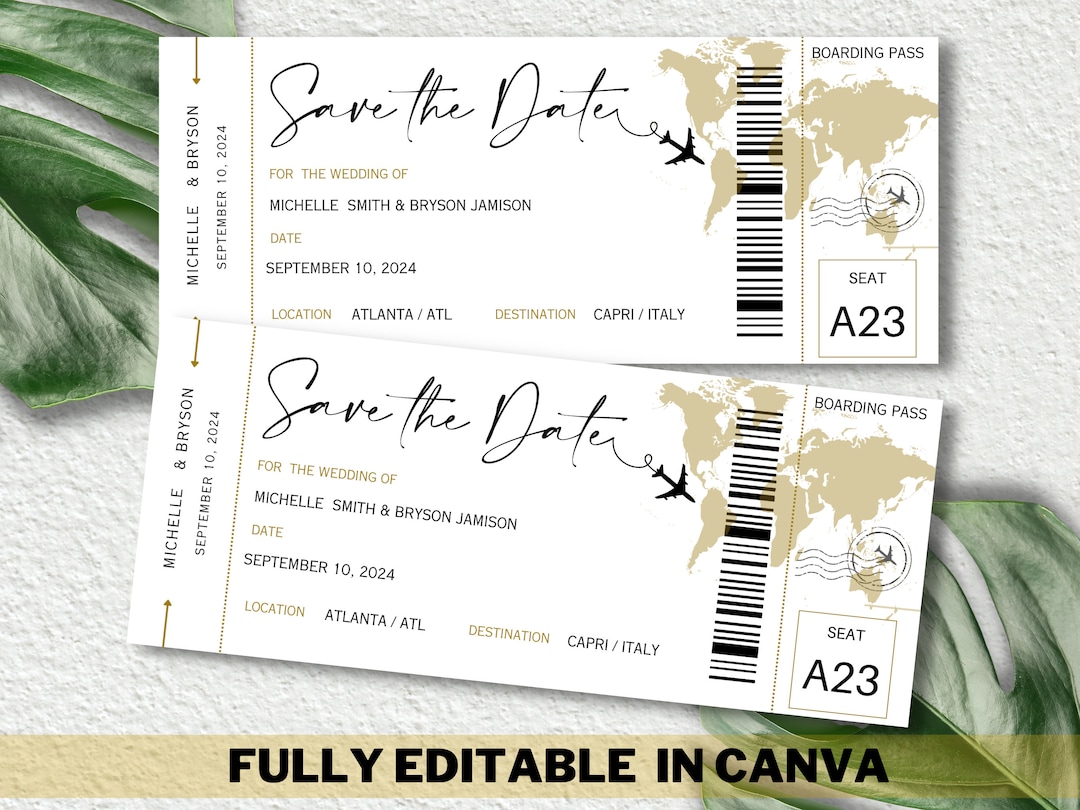 Gold Boarding Pass Template Editable Wedding Celebration Ticket Printable Boarding Pass
