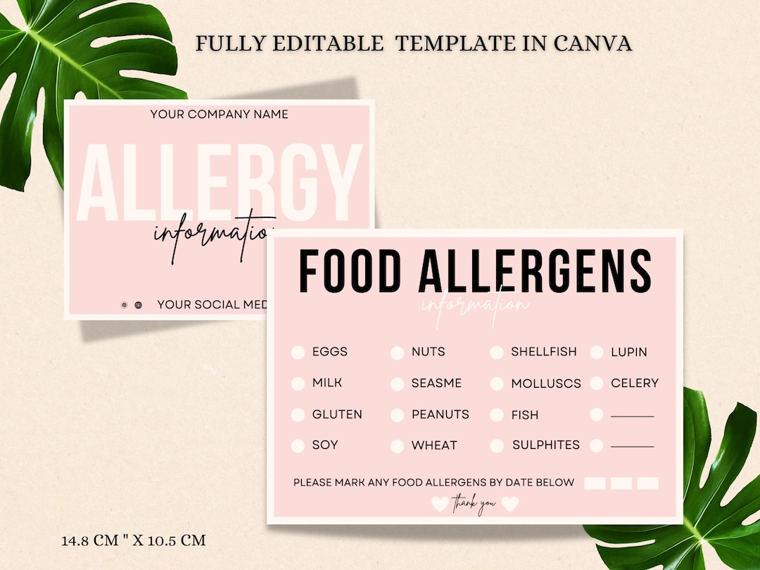 Editable Food Allergens Card Template| Customizable Printable Allergen ...