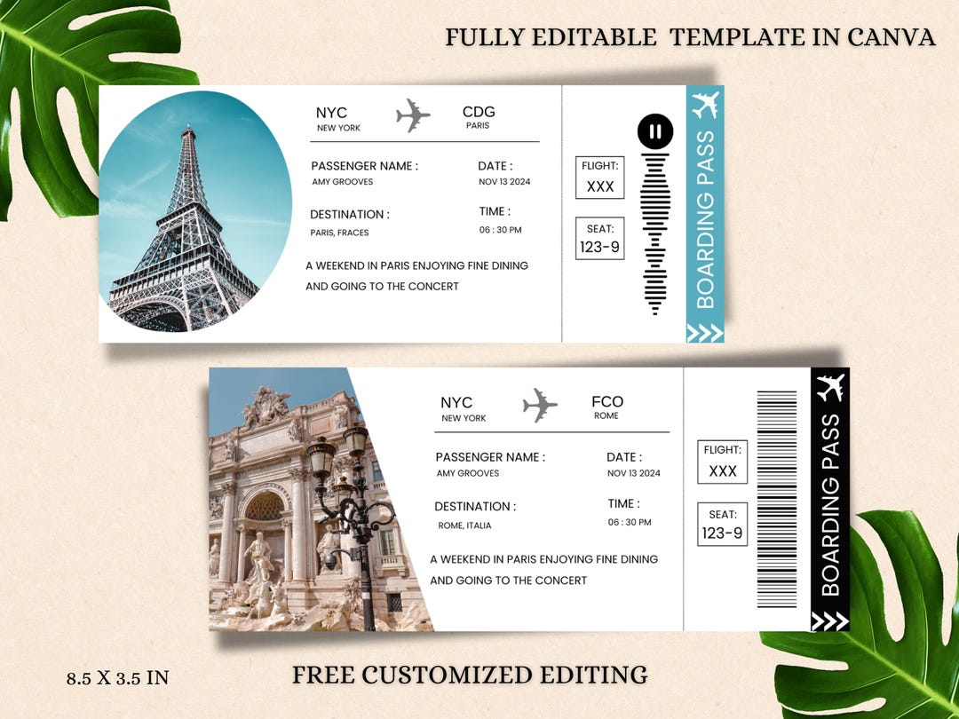 Editable Paris Boarding Pass & Concert Ticket Template | Editable Canva ...