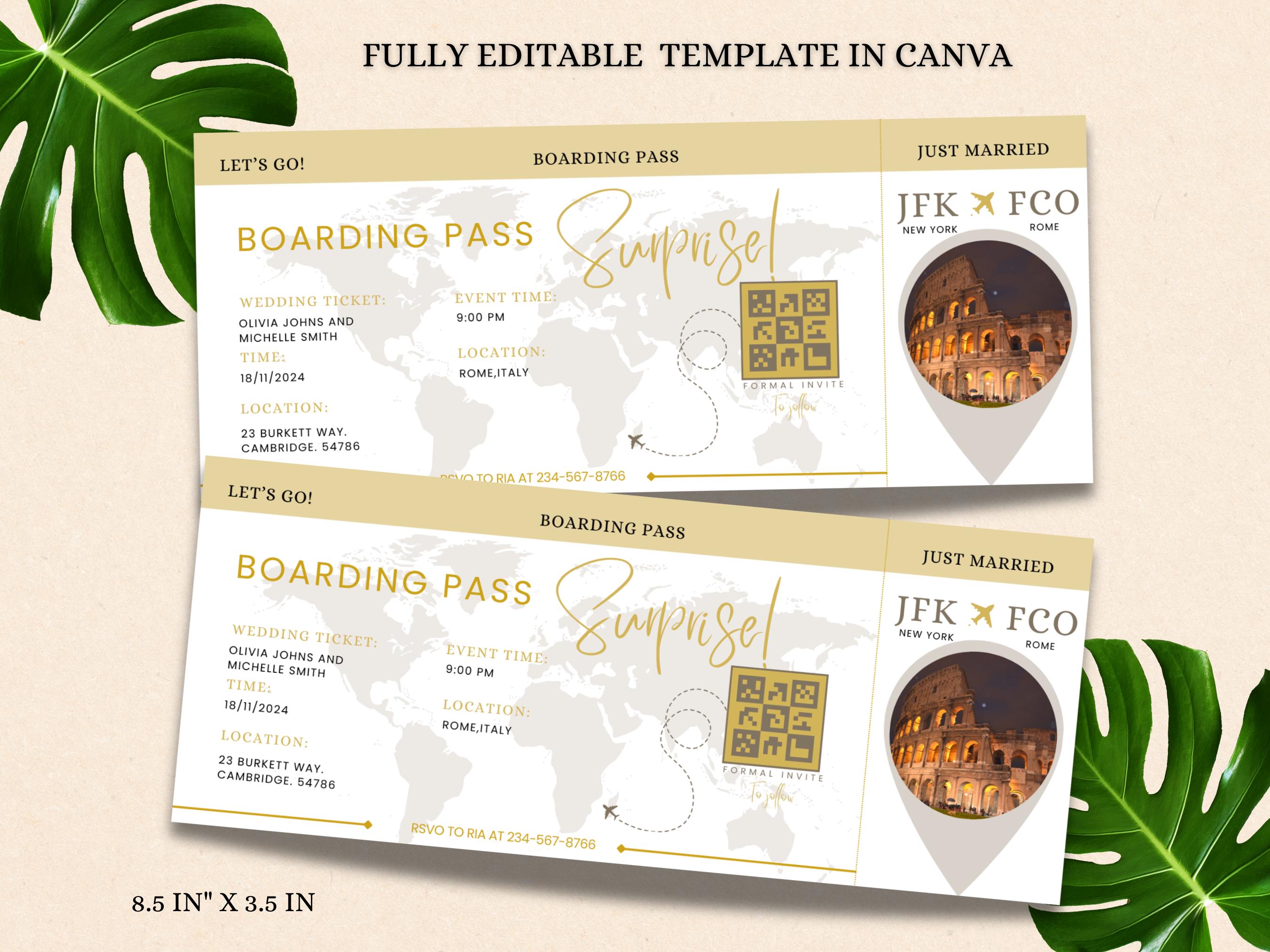 Boarding Pass Template Editable, Wedding Celebration Ticket, Boarding ...