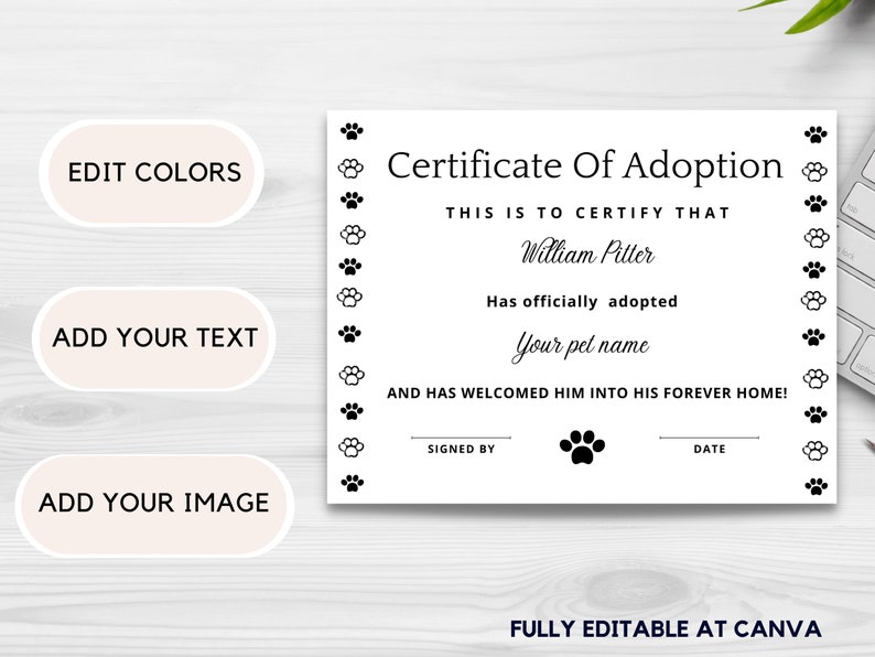 Editable Certificate of Adoption Animal Pet Adoption - Etsy