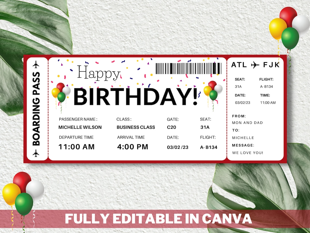 Happy Birthday Gift Boarding Pass - Printable Unisex Birthday Gift ...