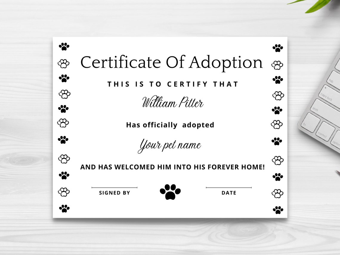 Editable Certificate of Adoption Animal, Pet Adoption Certificate ...