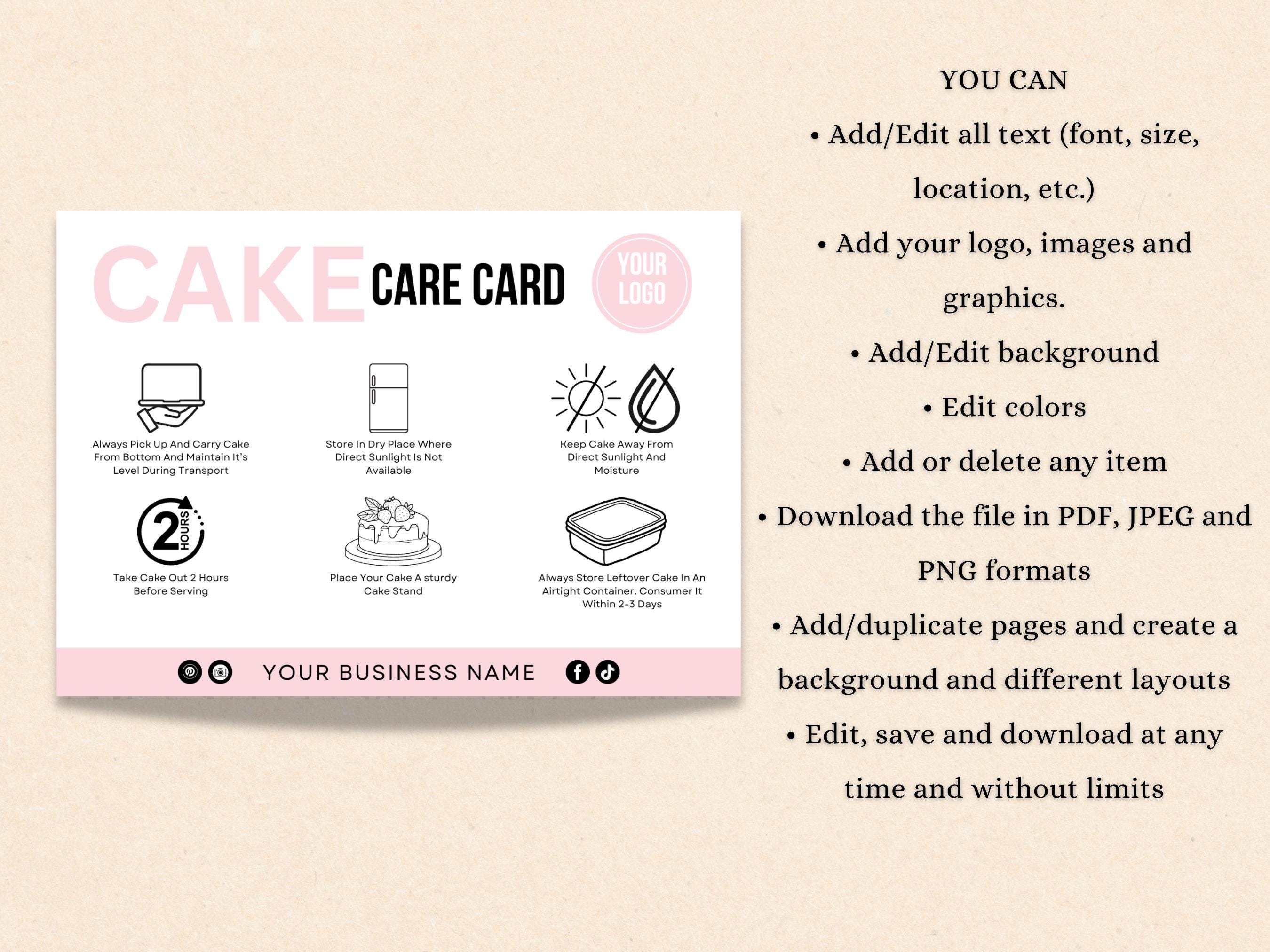 Editable Cake Care Card Template | Customizable Instructions for Cake ...