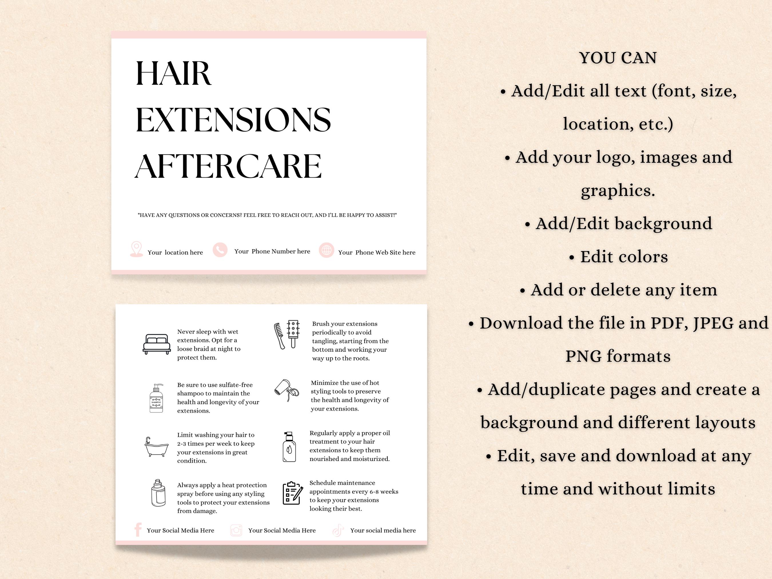Editable Hair Extension Aftercare Template | Business Card Size Hair ...