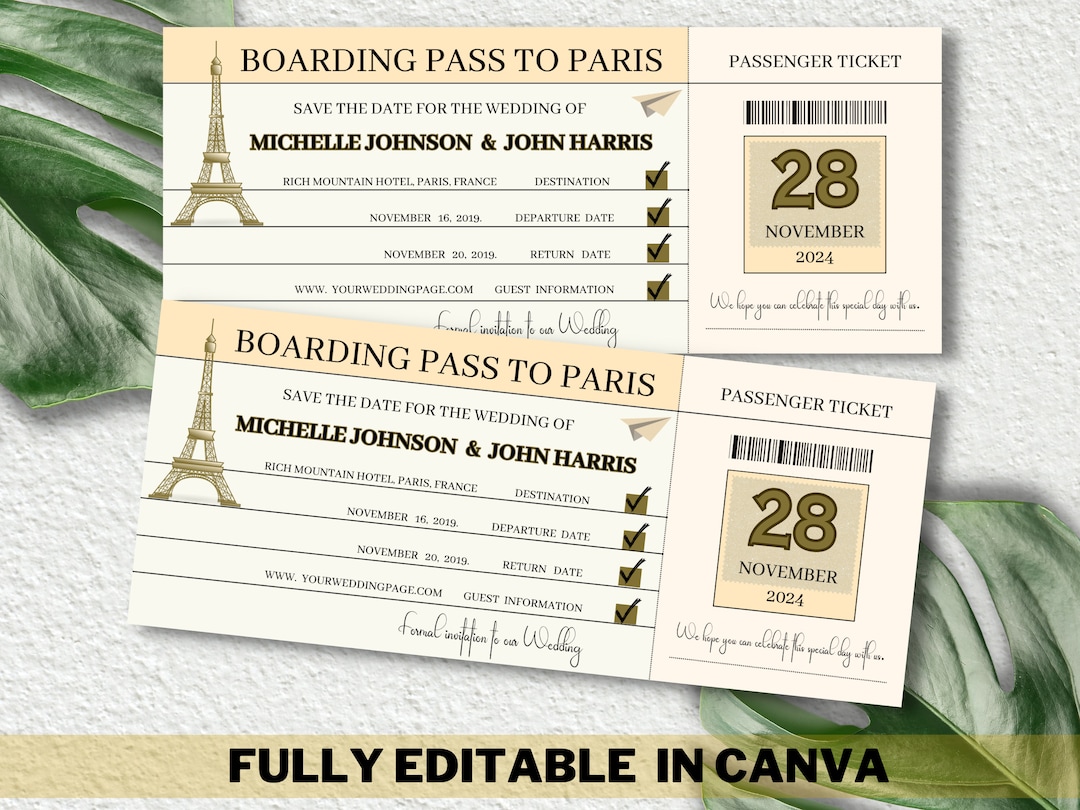 Boarding Pass Template Editable, Wedding Celebration Ticket, Printable ...