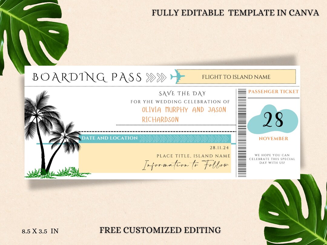 Wedding Boarding Pass Invitation Template | Editable Canva Design for ...