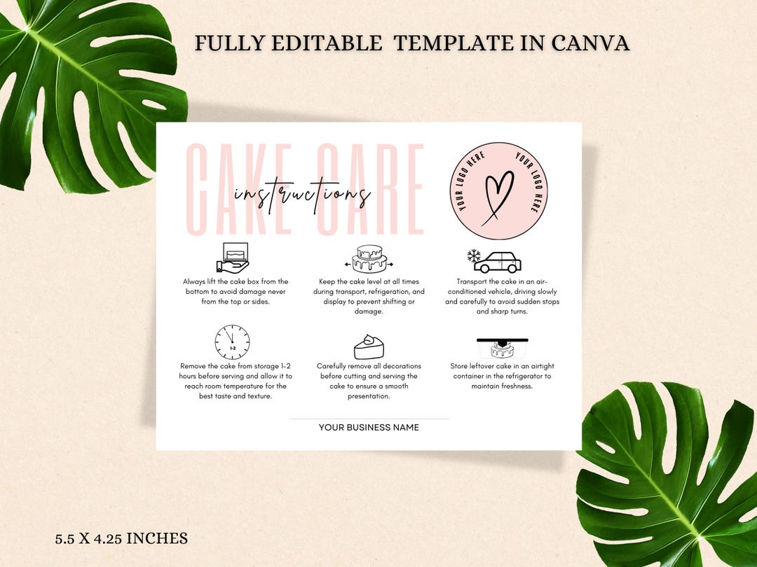 Editable Cake Care Card Template | Cake Business Packaging Inserts ...