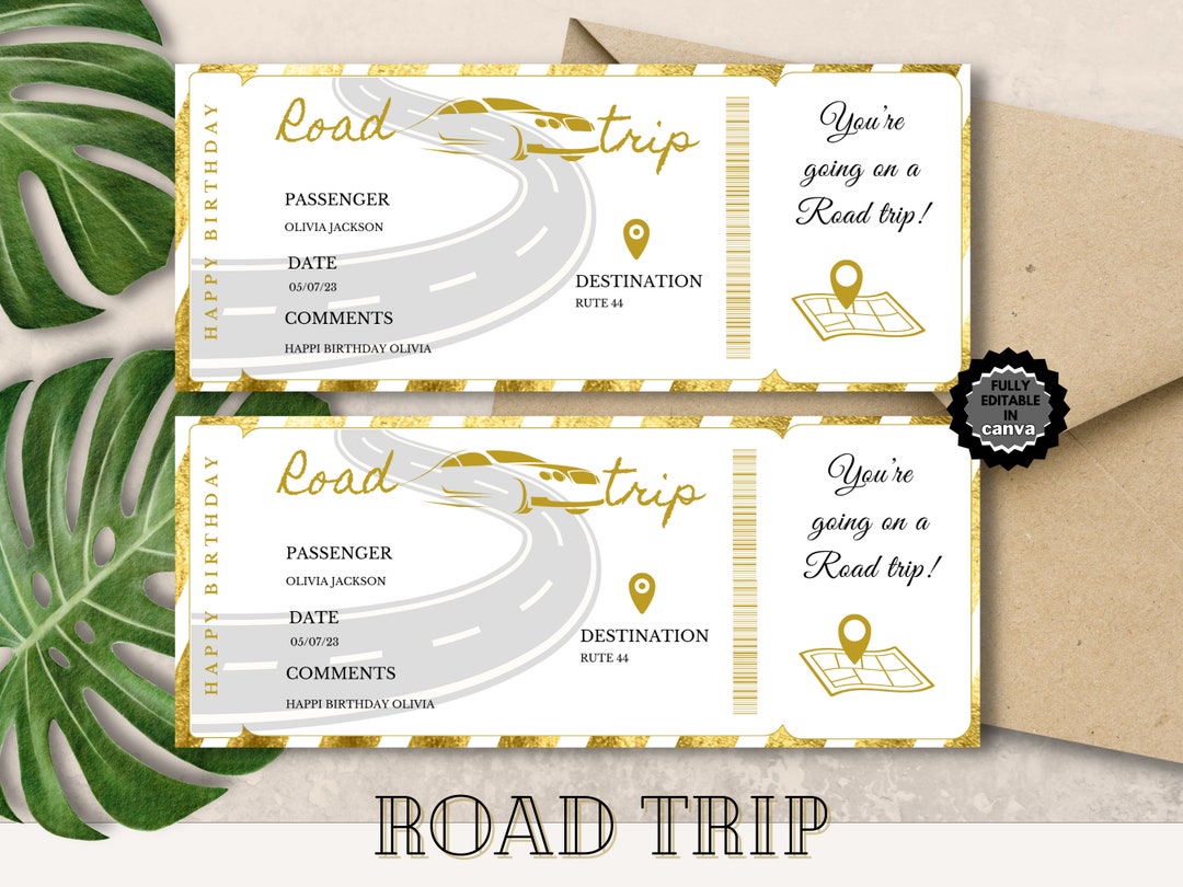 Editable Road Trip Temple, Road Ticket Gift Happy Birthday Surprise ...