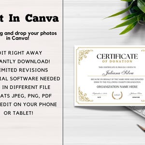 Editable Certificate of Donation Template | Customizable Charity ...