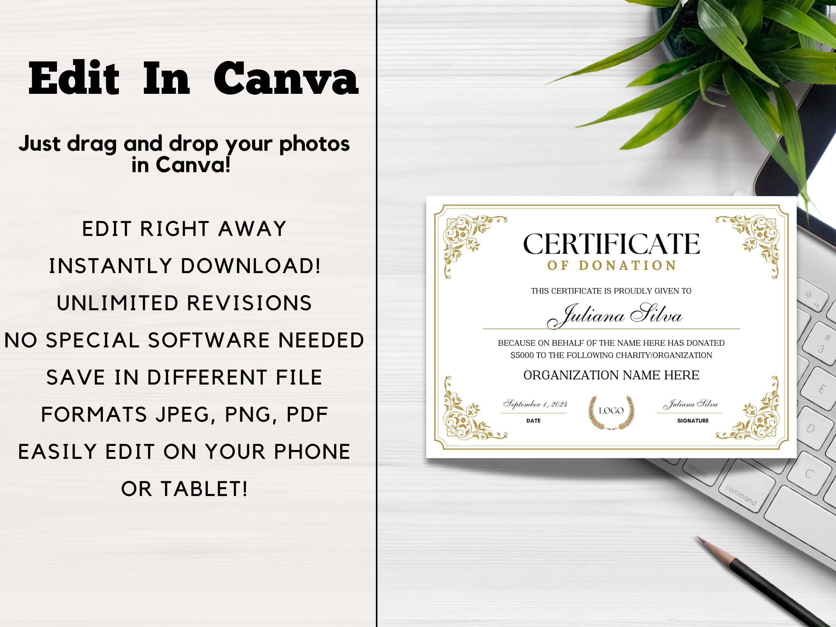 Editable Certificate of Donation Template | Customizable Charity ...