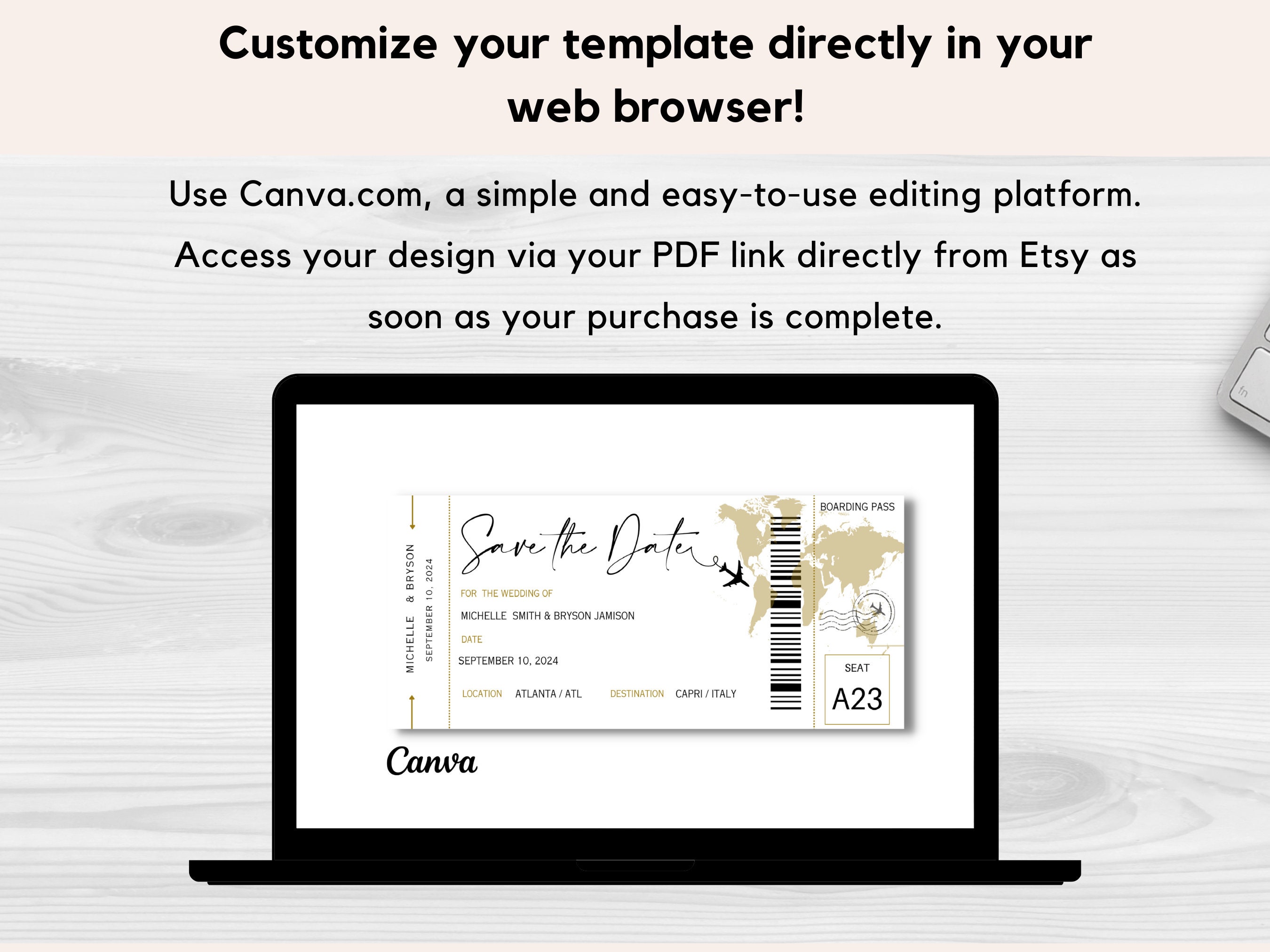 Gold Boarding Pass Template Editable, Wedding Celebration Ticket ...