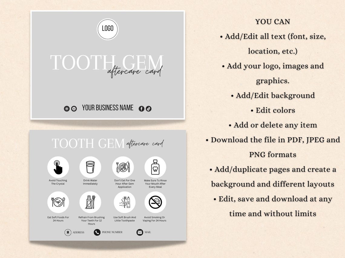Editable Tooth Gem Aftercare Card Template| Customizable Post ...