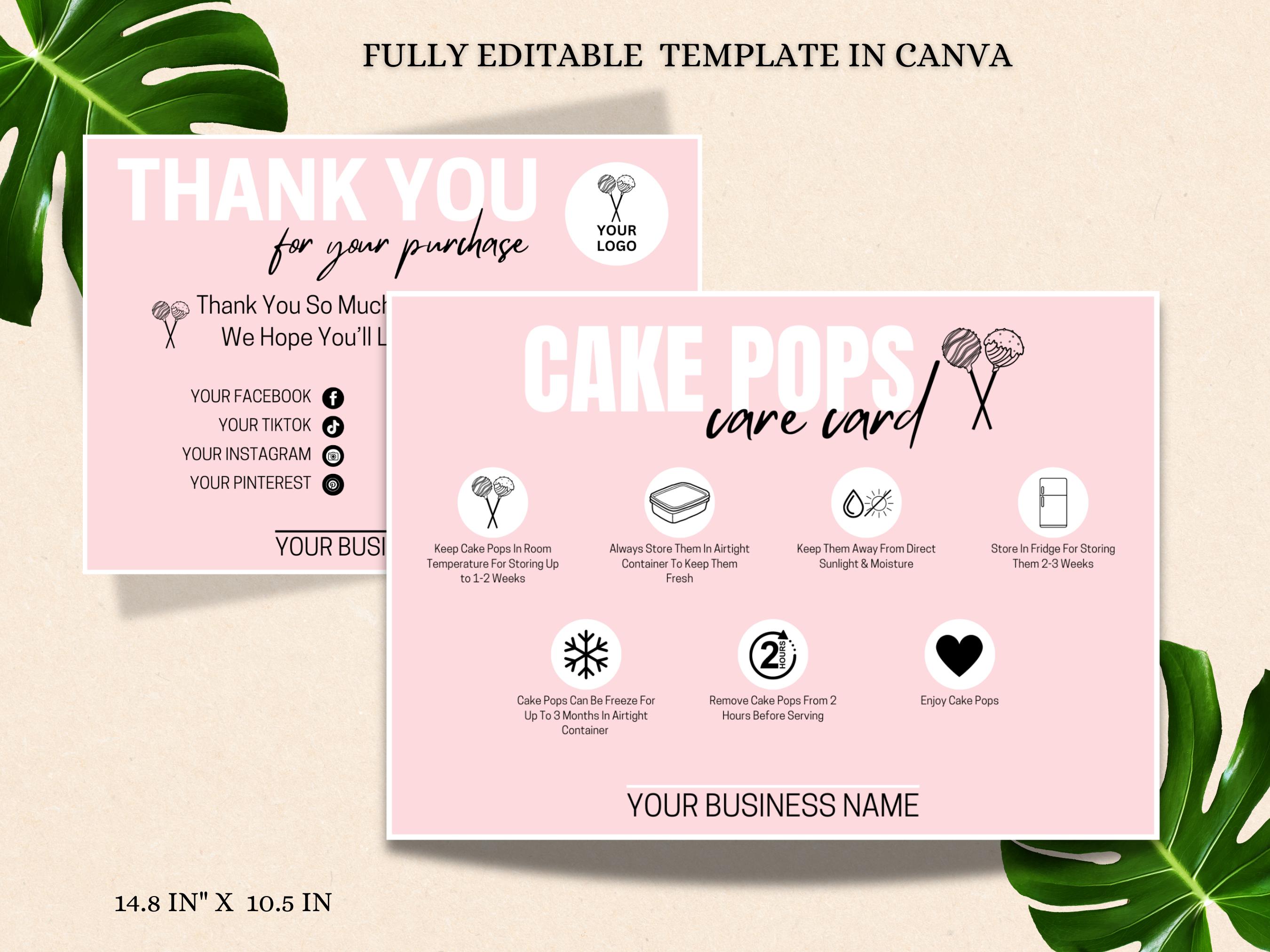 Editable Cake Pops Care Card Template | Customizable Instructions for ...
