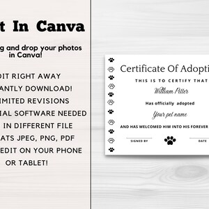 Editable Certificate of Adoption Animal, Pet Adoption Certificate ...