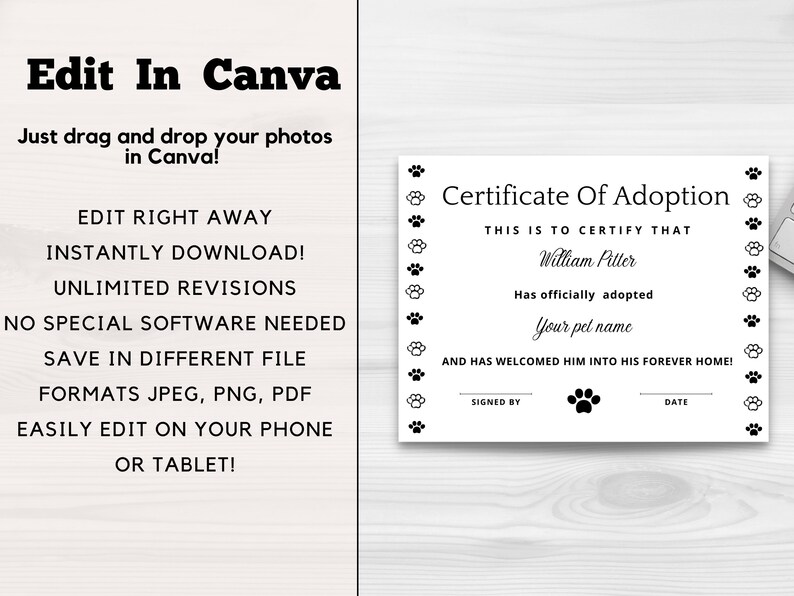 Editable Certificate of Adoption Animal Pet Adoption - Etsy