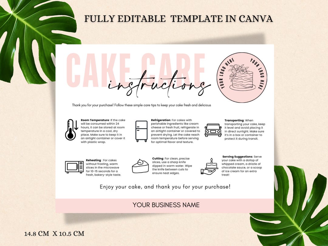 Editable Cake Care Card Template | Cake Care Guide | Printable Cake ...