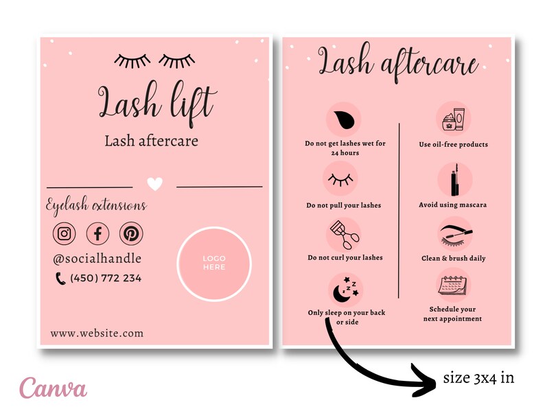 Lash Aftercare Card Template, Editable Lash Business Card, Lash ...