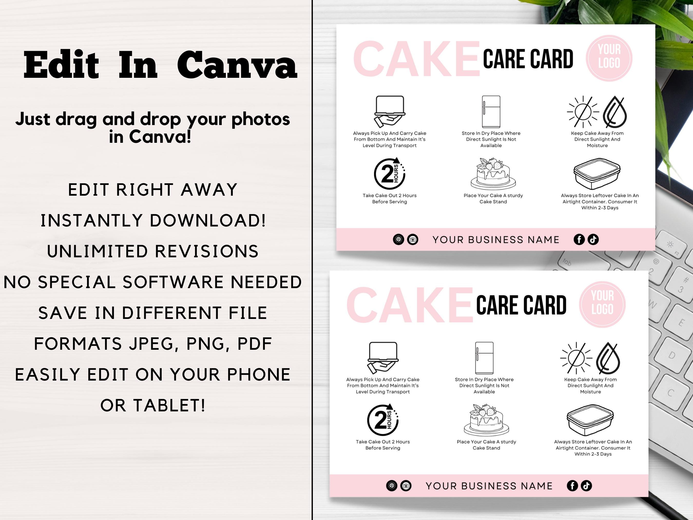 Editable Cake Care Card Template | Customizable Instructions for Cake ...