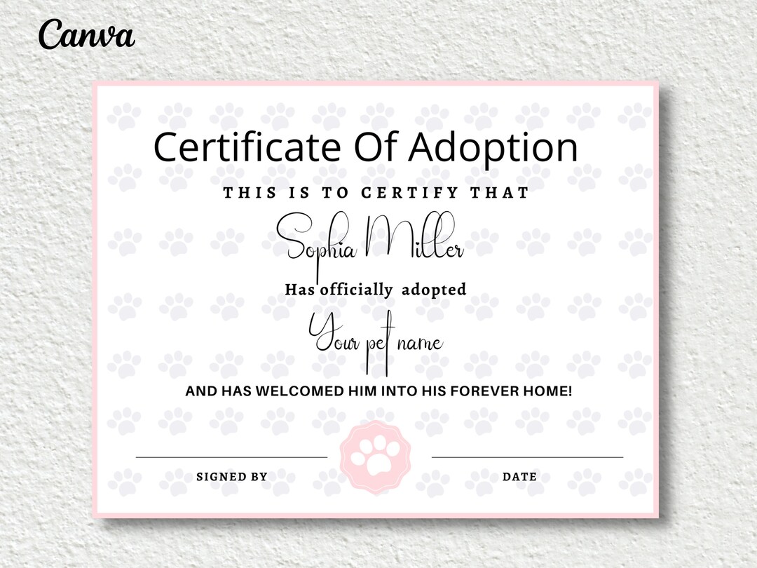 Editable Certificate of Adoption Animal, Pet Adoption Certificate ...