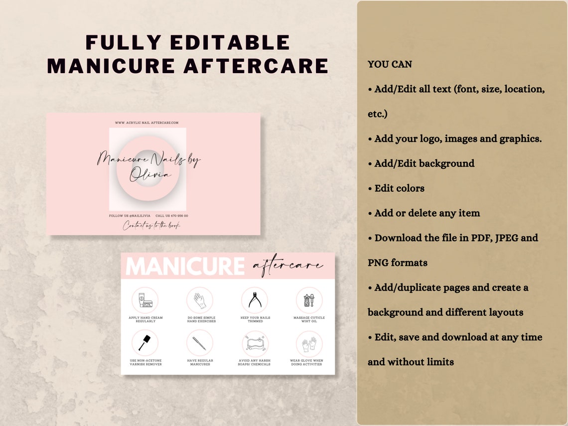 Editable Nail Care Card Template, Printable Manicure Instructions ...