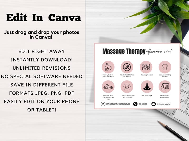 Massage Therapy Aftercare Card Template | Editable & Printable for ...