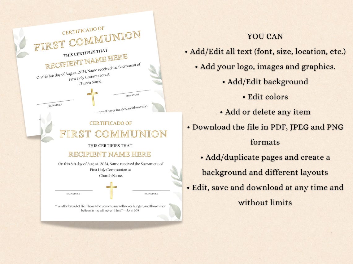 First Communion Certificate Template | Editable First Holy Communion ...