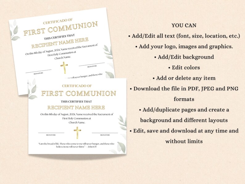 First Communion Certificate Template | Editable First Holy Communion ...