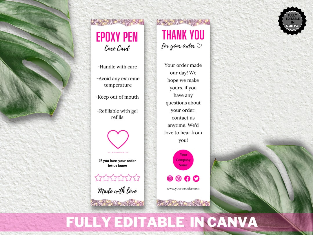 Editable Pen Care Card Template, Epoxy Pen Care Card, Printable and ...