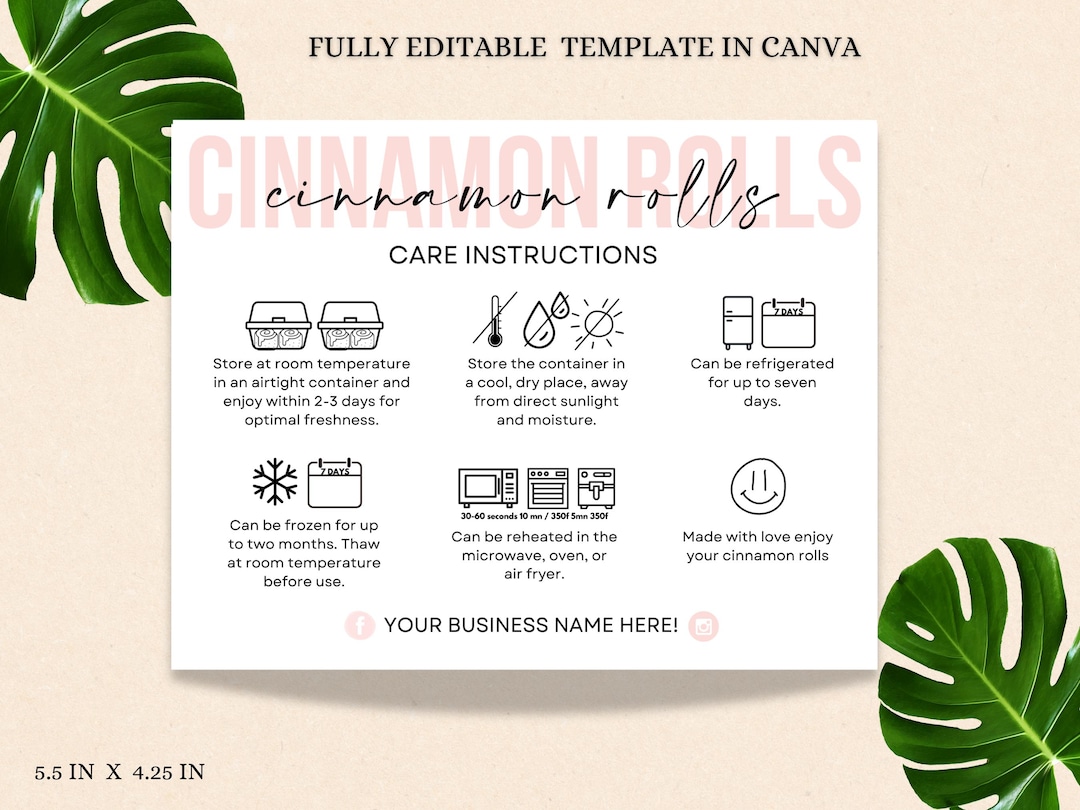 Cinnamon Rolls Care Card Template Editable Care Instructions for ...