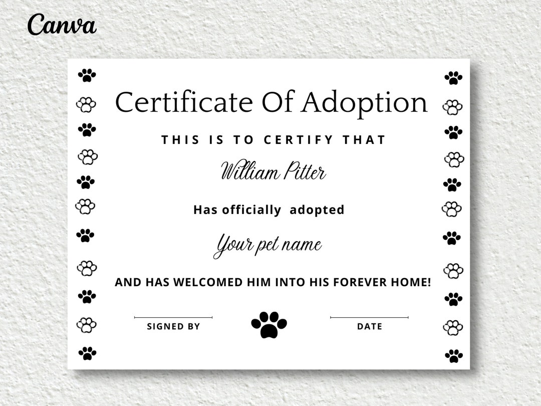 Editable Certificate of Adoption Animal, Pet Adoption Certificate ...
