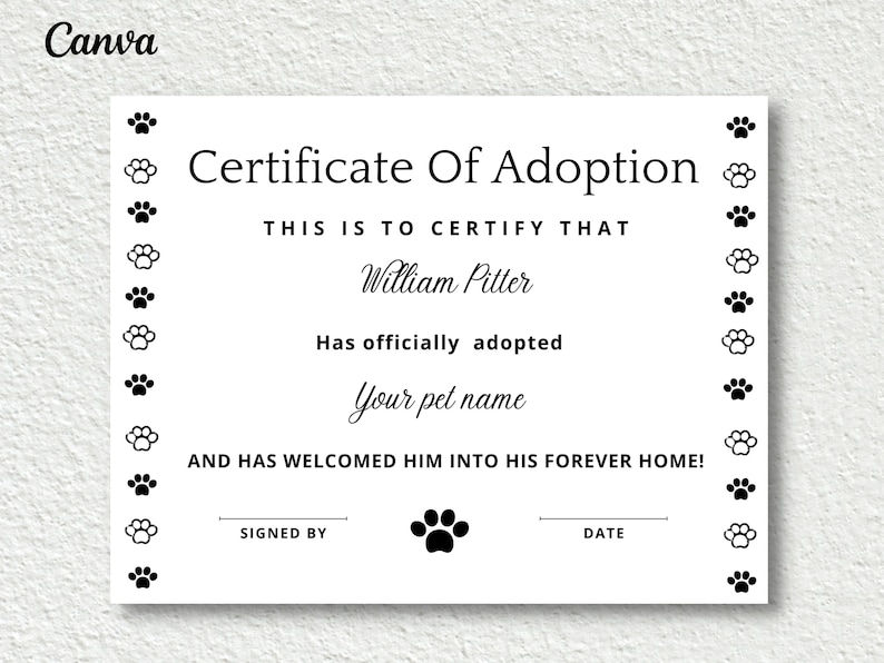 Editable Certificate of Adoption Animal Pet Adoption - Etsy