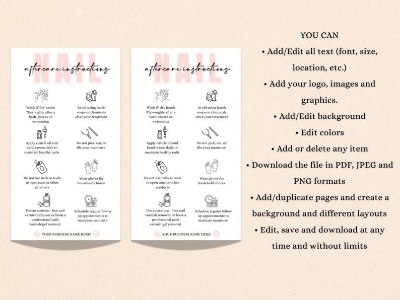 Nail Care Aftercare Card Template| Editable Digital Customizable Nail ...