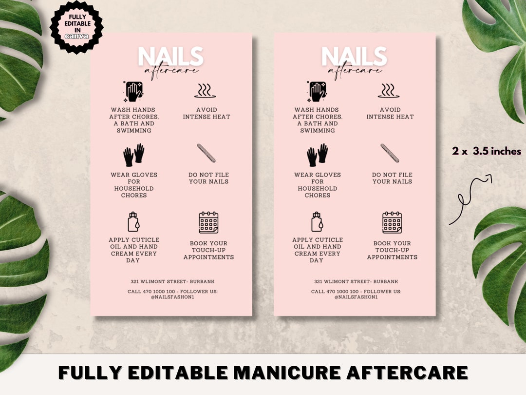 Editable Nail Care Card Template, Printable Manicure Instructions ...