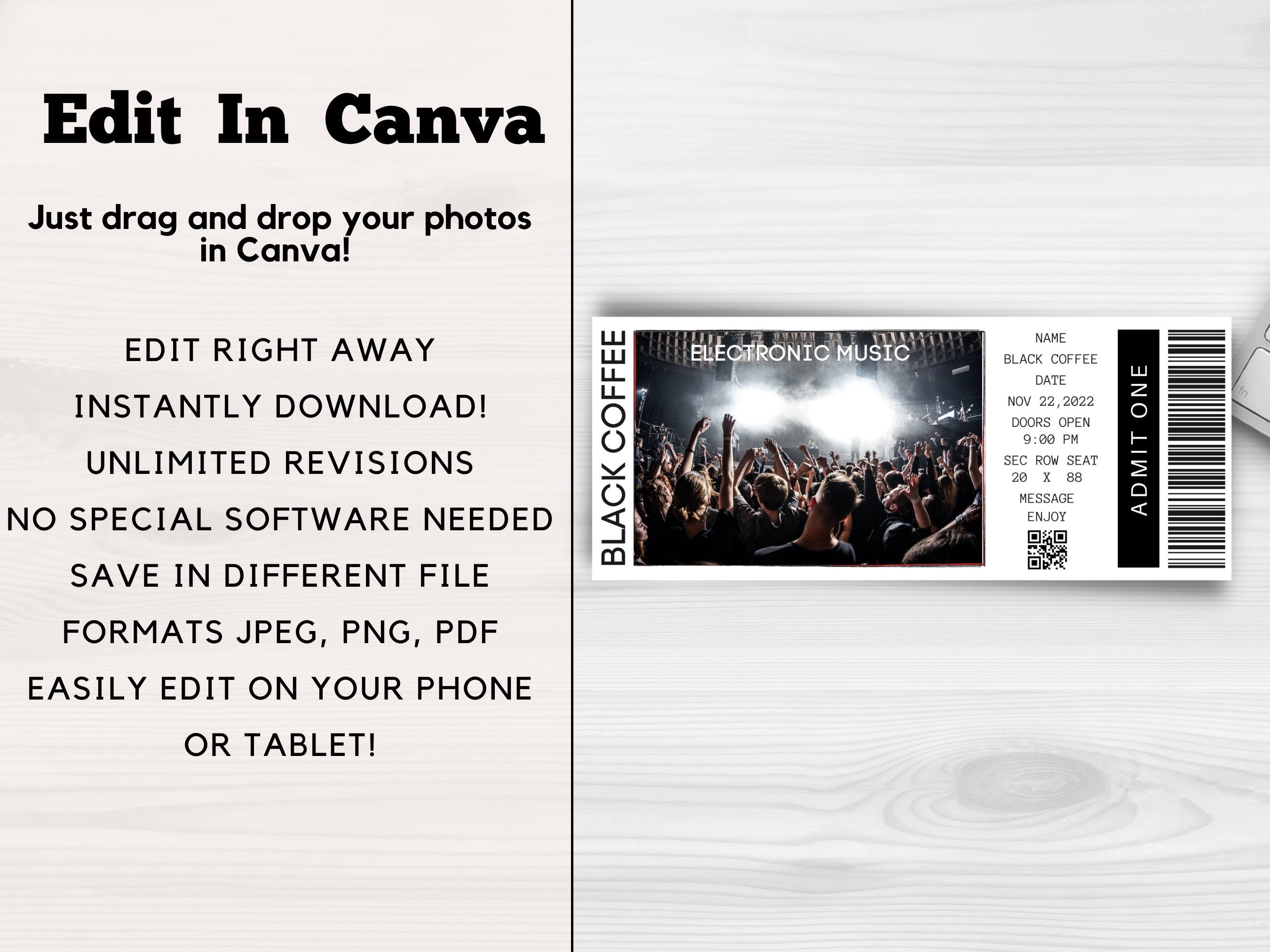 Editable Concert Ticket Template, Printable Music Event Ticket, Custom ...