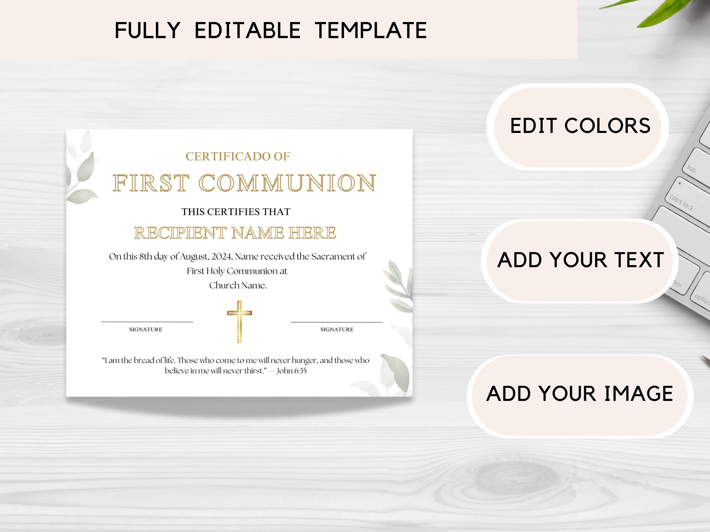 First Communion Certificate Template | Editable First Holy Communion ...