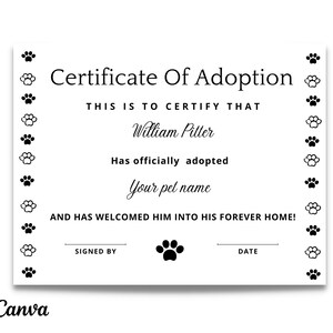 Editable Certificate of Adoption Animal, Pet Adoption Certificate ...