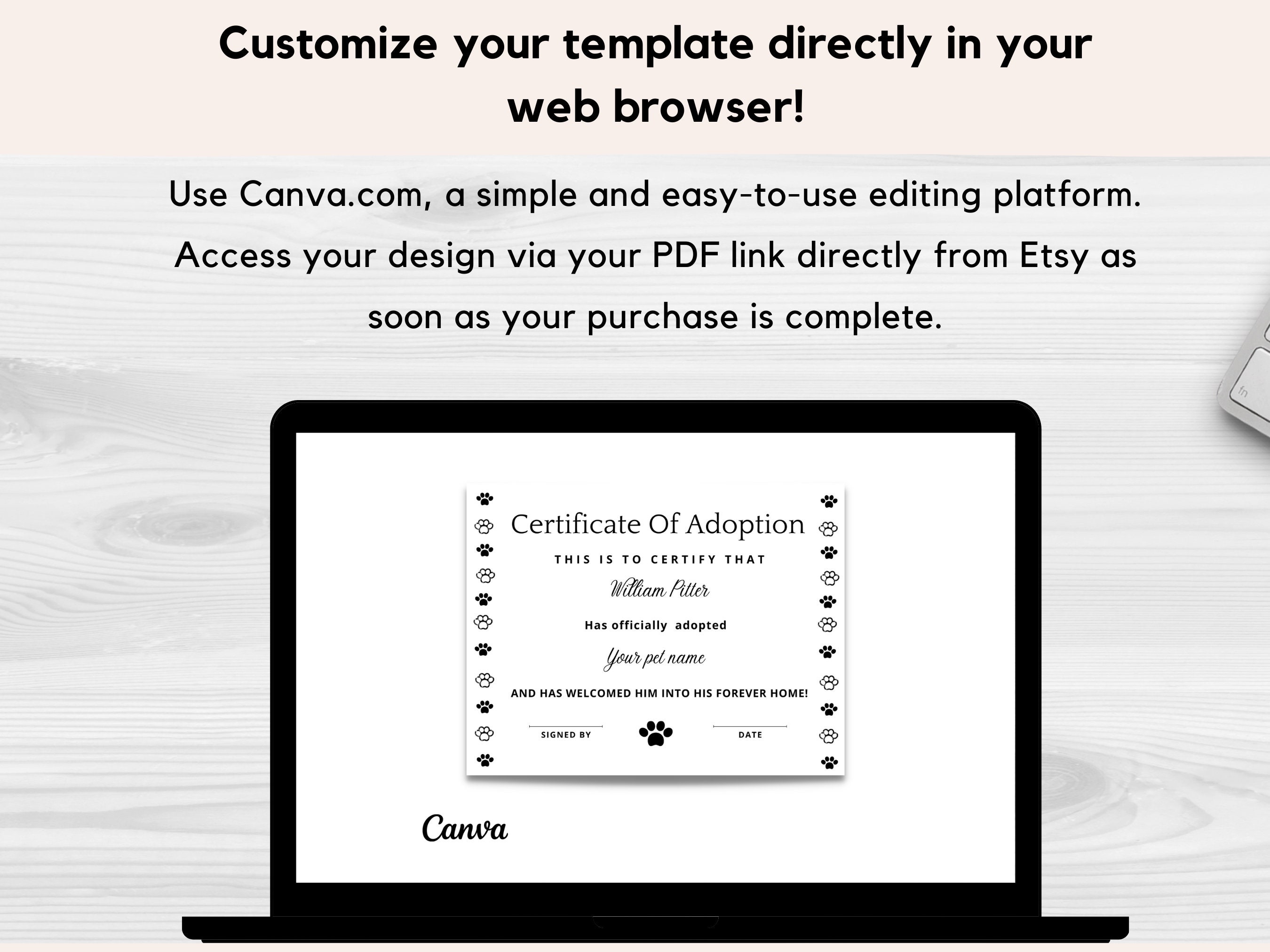 Editable Certificate of Adoption Animal Pet Adoption - Etsy