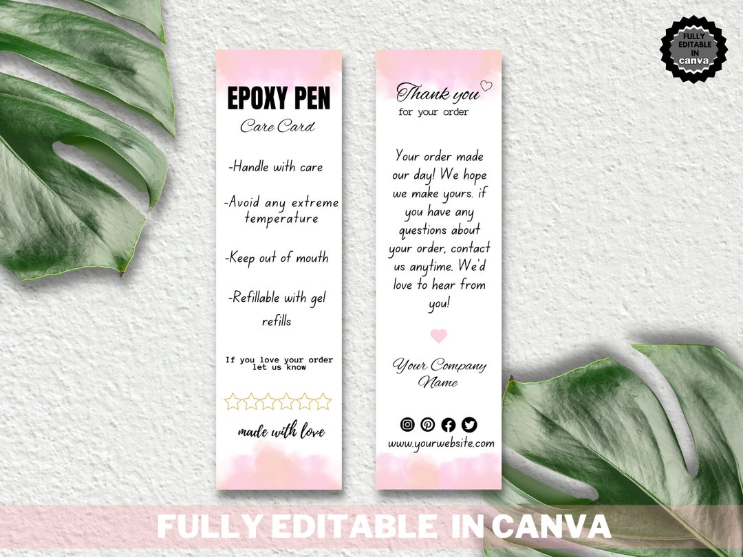 Editable Pen Care Card Template, Epoxy Pen Care Card, Printable and ...